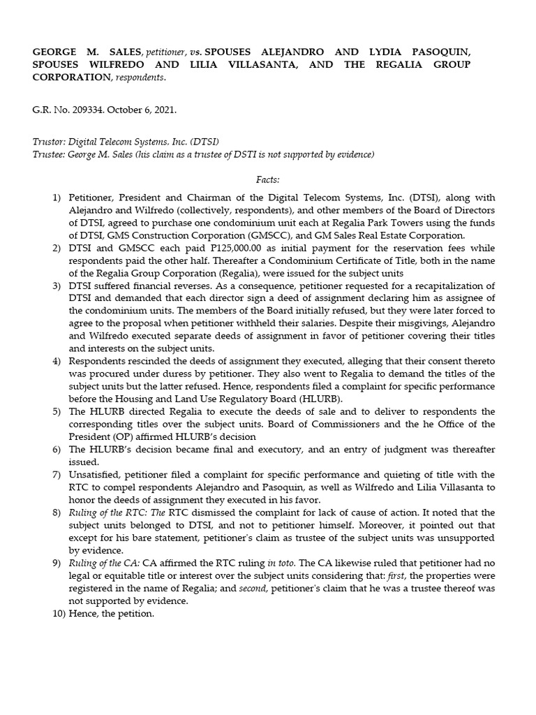 Sales Vs Sps Pasoquin | PDF | Complaint | Assignment (Law)