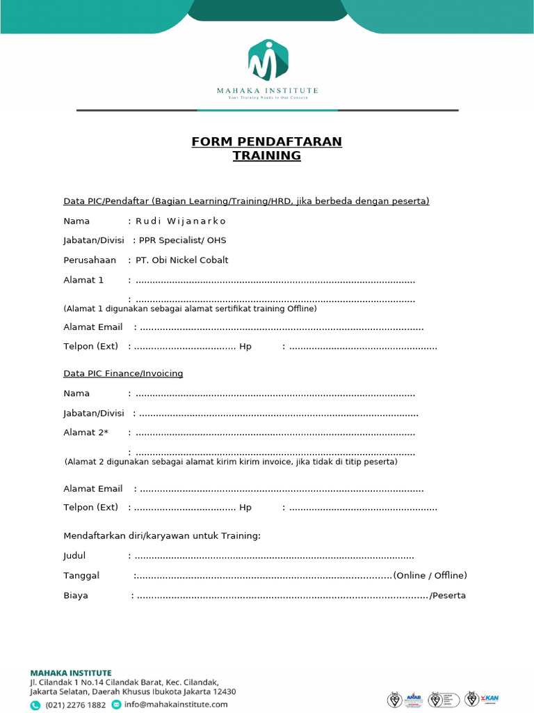 Form Pendaftaran Training Mahaka Institute | PDF