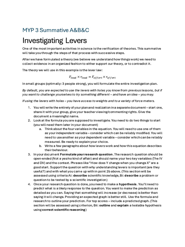 Levers Summative Description | PDF