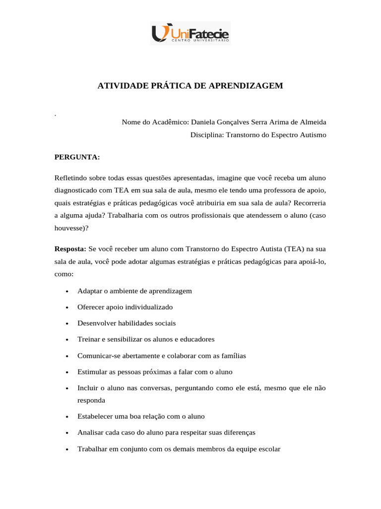 Atividade Prática de Aprendizagem Unifatecie | PDF | Espectro do autismo | Aprendizado