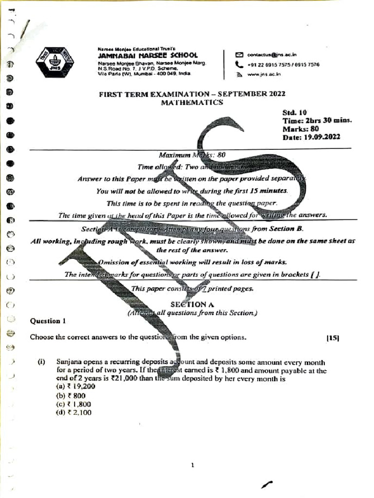 10th Grade Mathematics Exam Paper 2022 | PDF