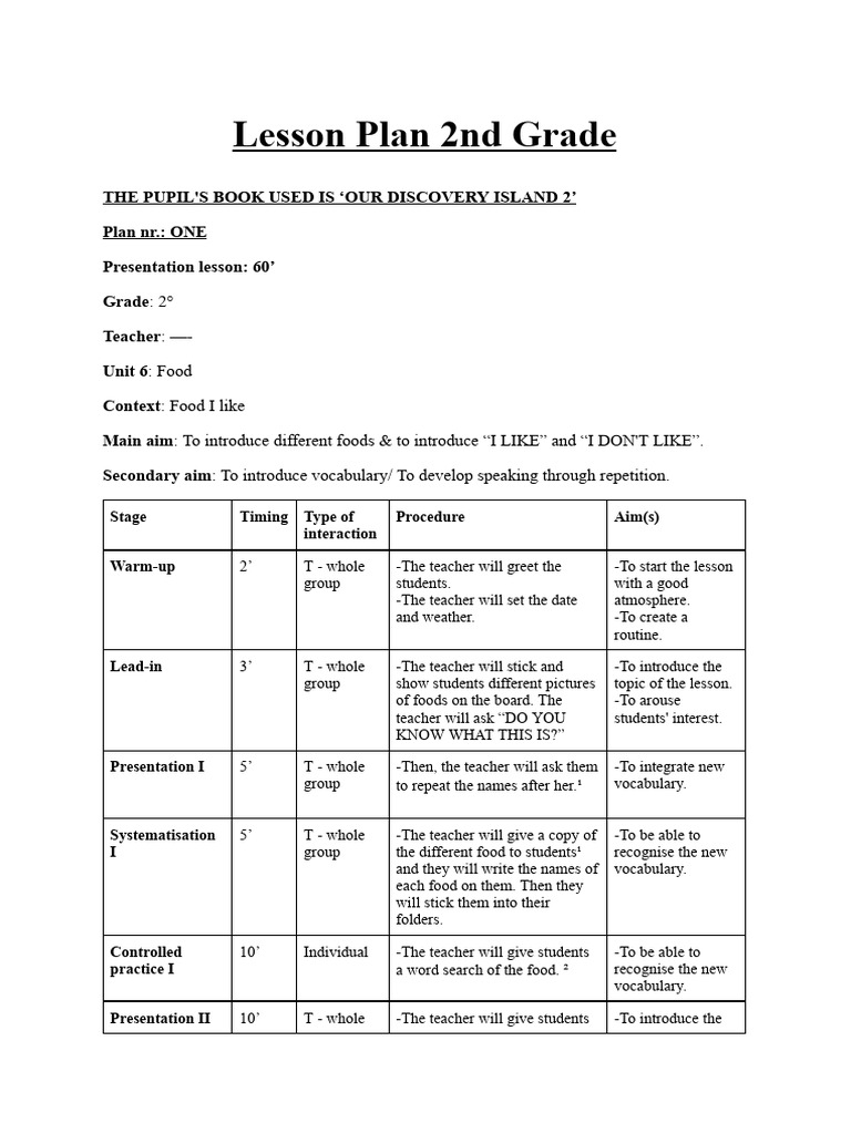 Lesson Plan 2nd Grade FOOD | PDF | Reading Comprehension | Vocabulary