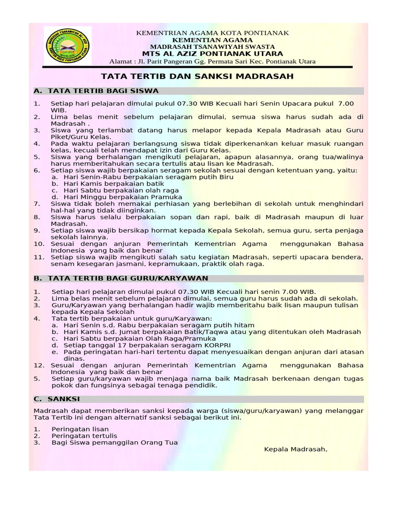 Tata Tertib dan Sanksi MTS Al Aziz | PDF