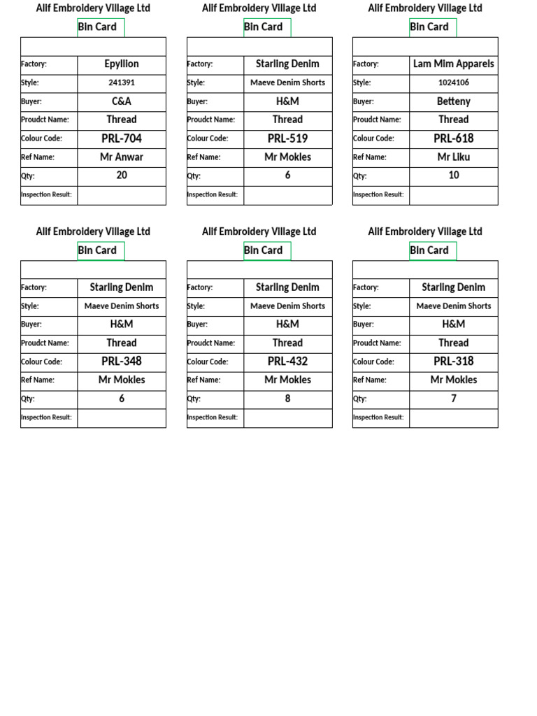 Bin Card | PDF | Textile Arts | Woven Fabrics