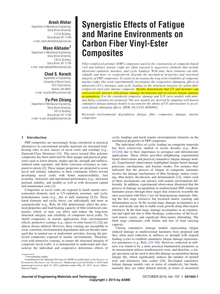 Synergistic Effects of Fatigue and Marine Environments On Carbon Fiber ...