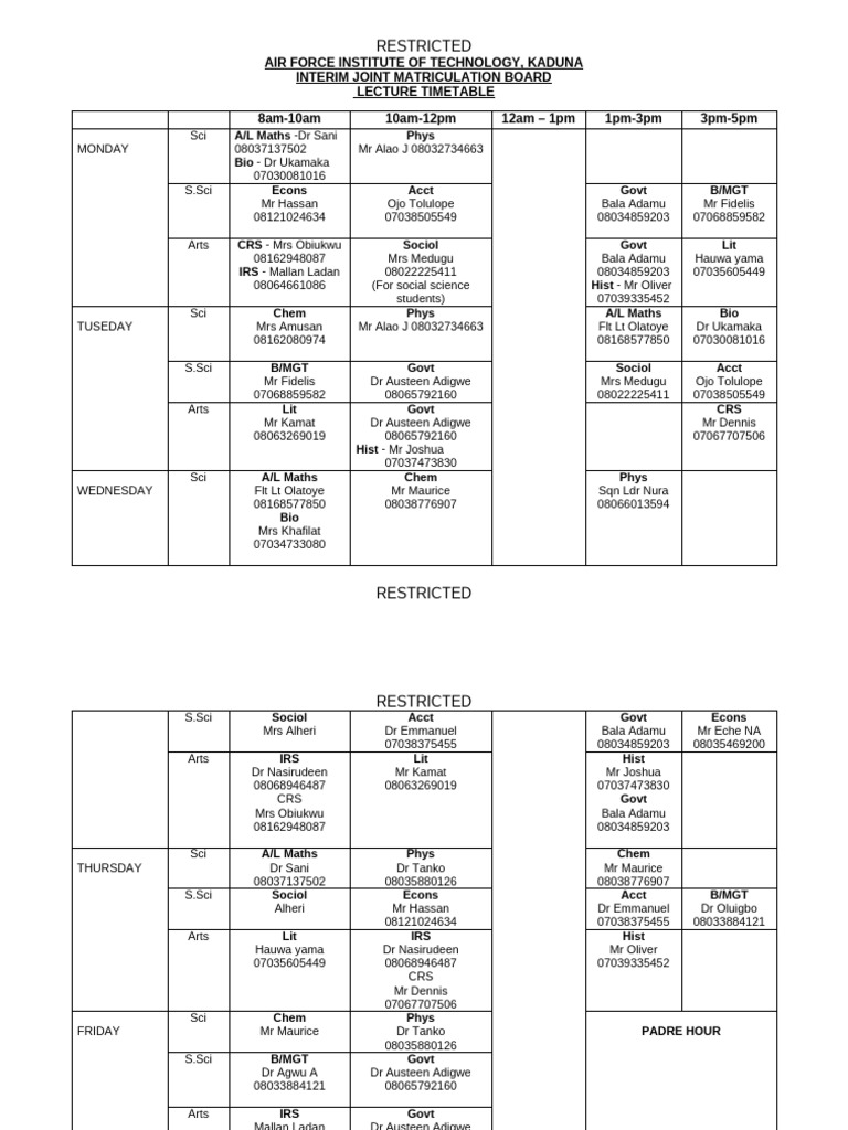 IJMB Lecture Timetable 2025 | PDF