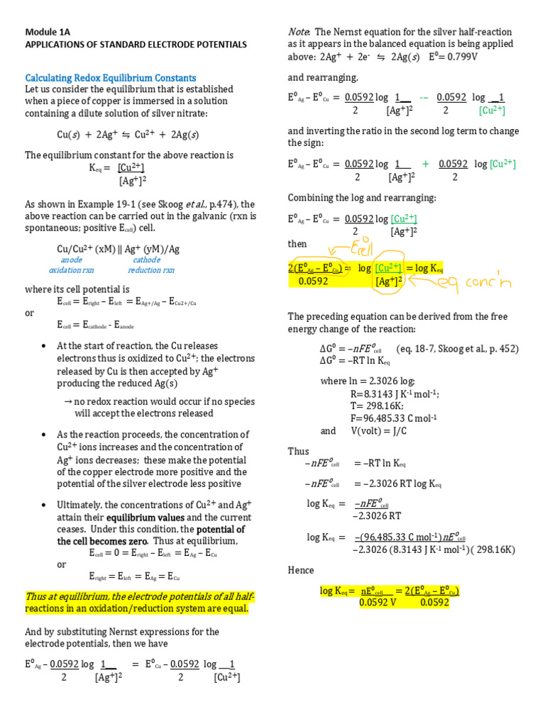 Module 1A - Applications of Standard Electrode Potentials | PDF | Redox ...