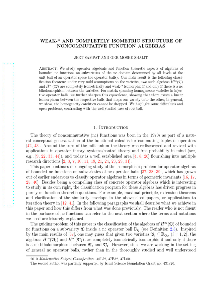 Weak - and Completely Isometric Structure of Noncommutative Function Algebras | PDF | Polynomial ...