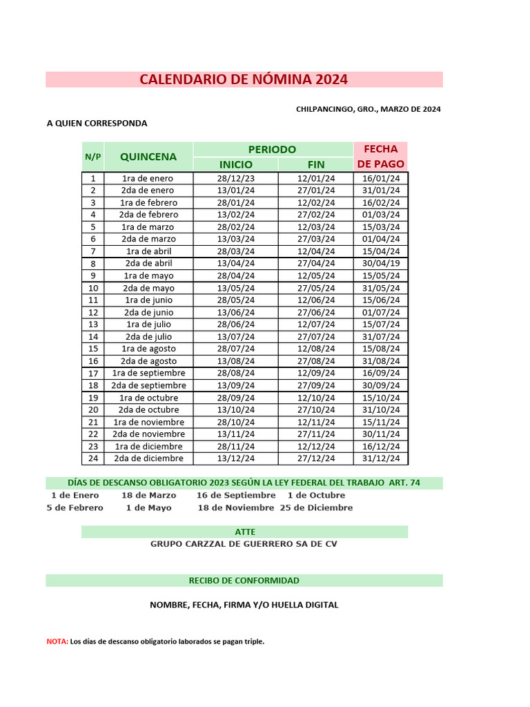Calendario de Pagos 2024 | PDF