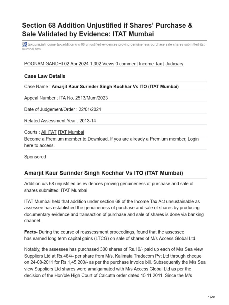 ITAT Mumbai: Section 68 Addition Unjustified | PDF | Capital Gains Tax ...