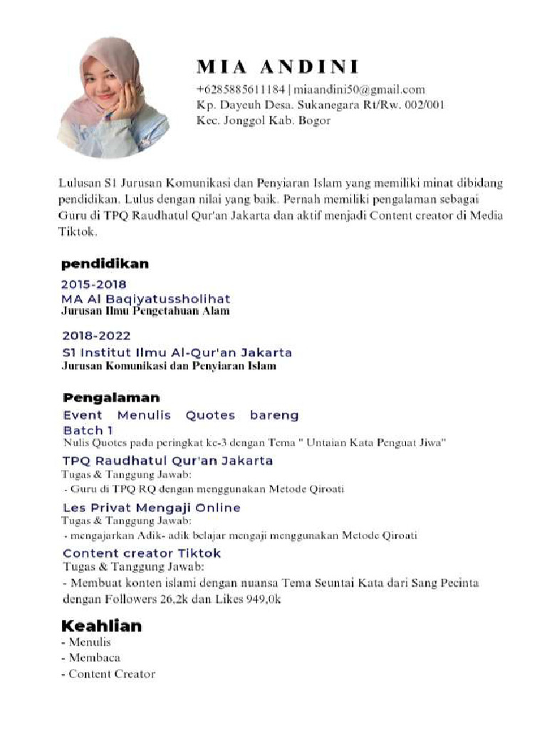 CV Mia Andini 2 | PDF
