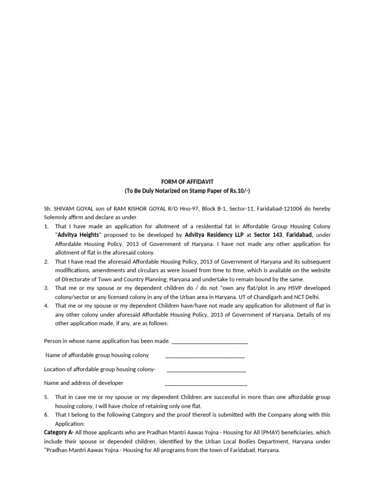 Affidavit for Advitya Heights Allotment | PDF | Economy Of India ...