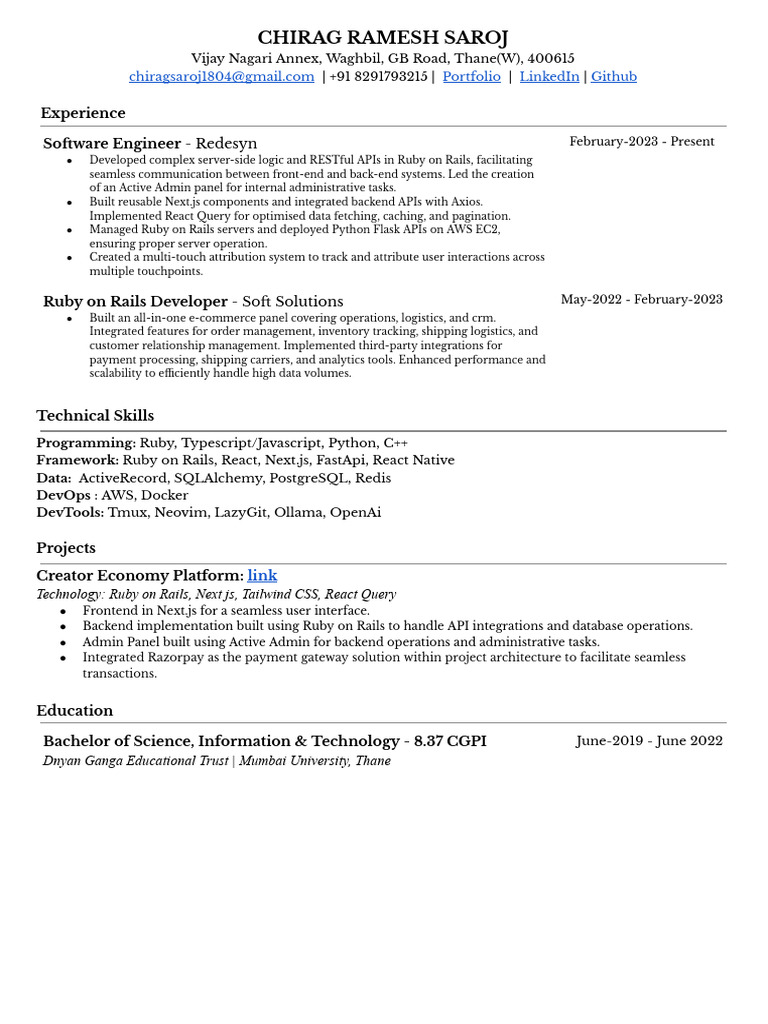 Resume | PDF | Ruby On Rails | Systems Architecture