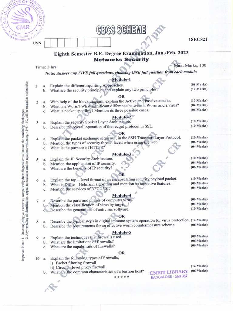 VTU Question Paper of 18EC821 Network Security Jan-Feb-2023 | PDF