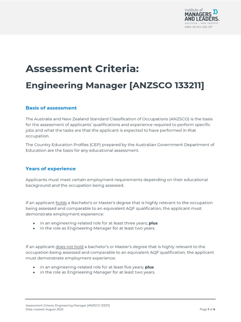 Assessment Criteria Engineering Manager 133211 | PDF | Engineering ...