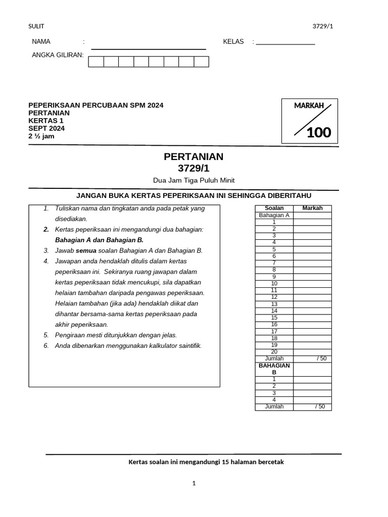 Soalan Perc Pertanian K1 Selangor 2024 241112 182321 | PDF