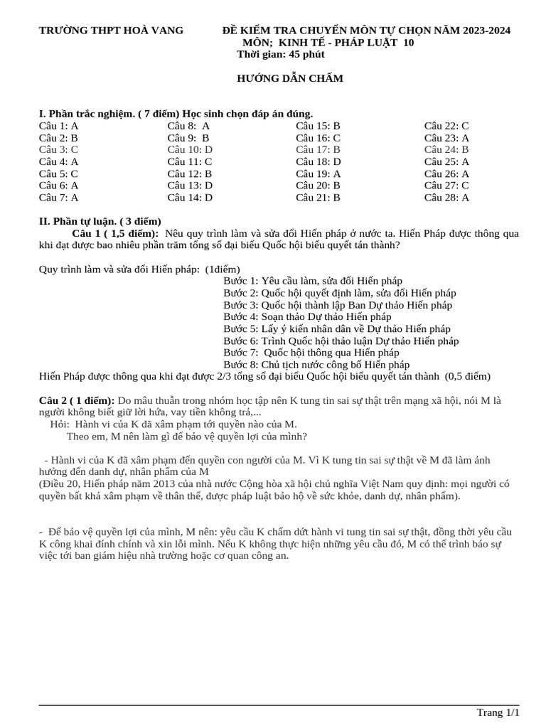 Đề, Đáp Án Kiểm Tra Chuyển Môn Tự Chọn Môn Ktpl 10 | PDF