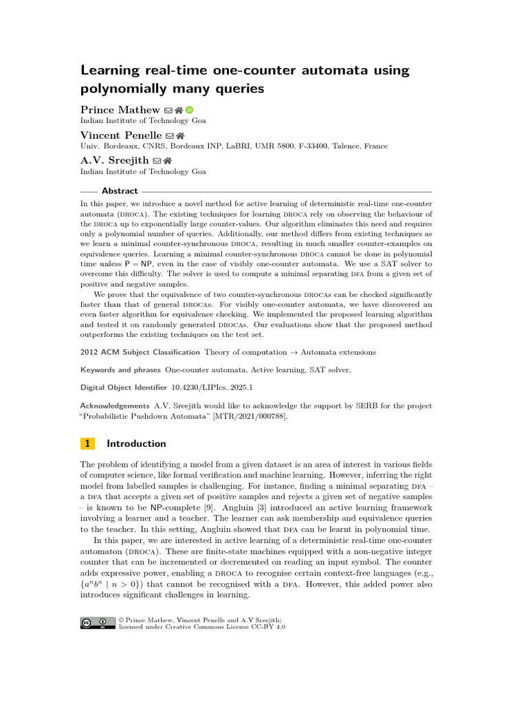 Learning Real-Time One-Counter Automata Using Polynomially Many Queries | PDF | Theoretical ...