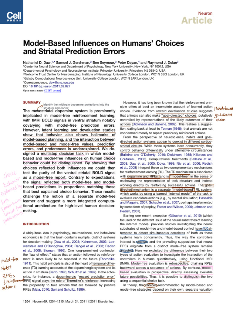 Model-Based Influences On Humans' Choices and Striatal Prediction Errors | PDF | Reward System ...