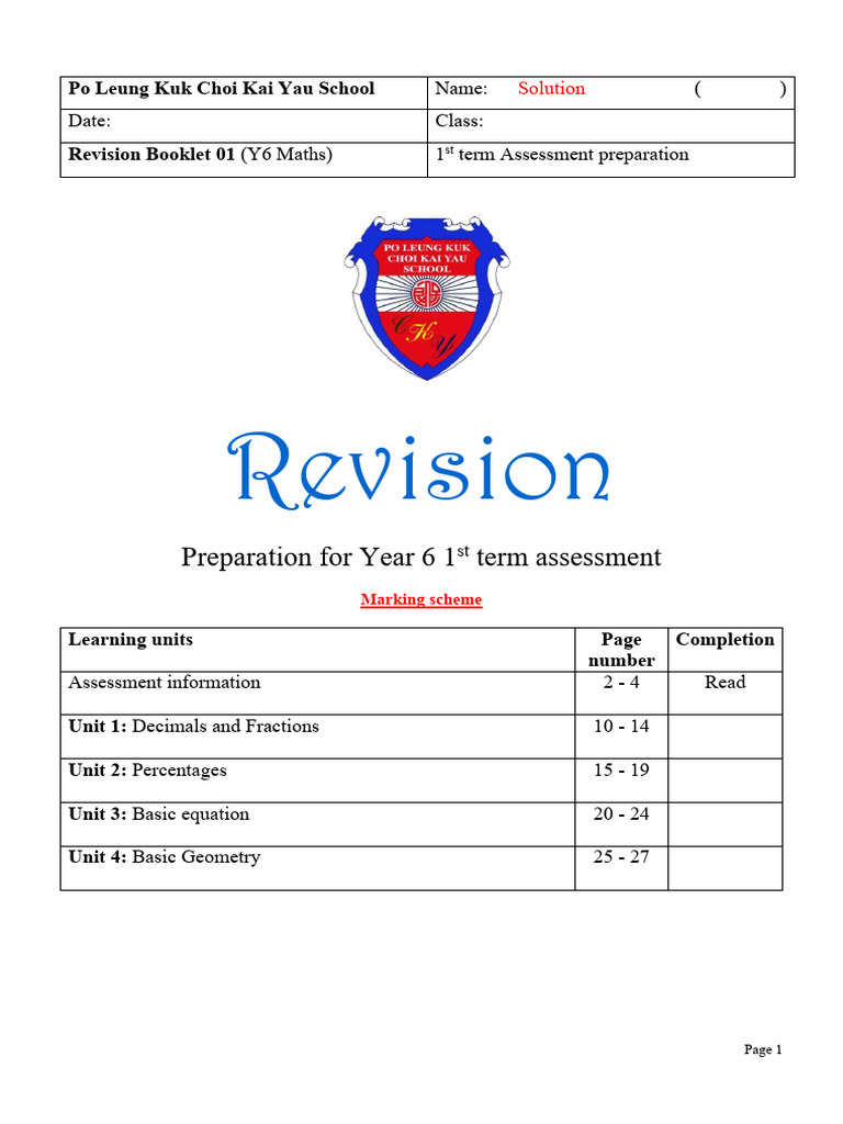 2425 Y6 Math Term 1 Revision Booklet U1 | PDF | Area | Percentage