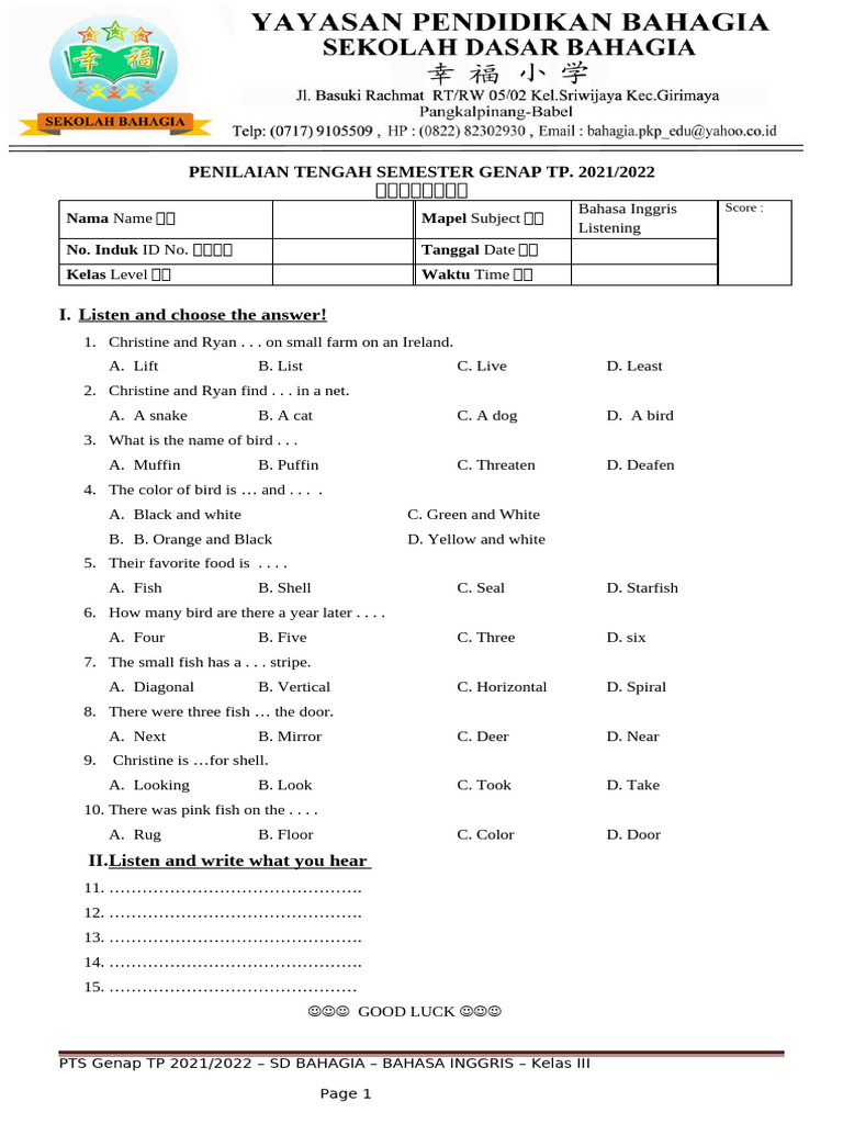 Soal PTS Genap 2021 2022 Kelas 3 | PDF