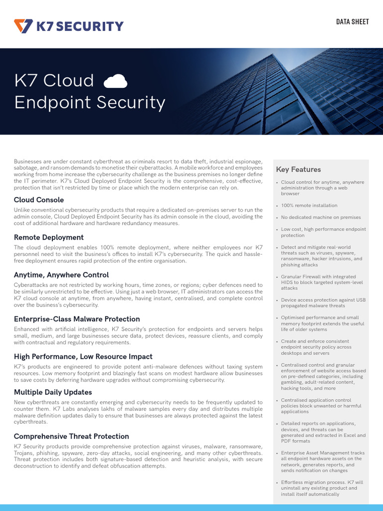 K7 Cloud Endpoint Security Datasheet | PDF | Malware | Security