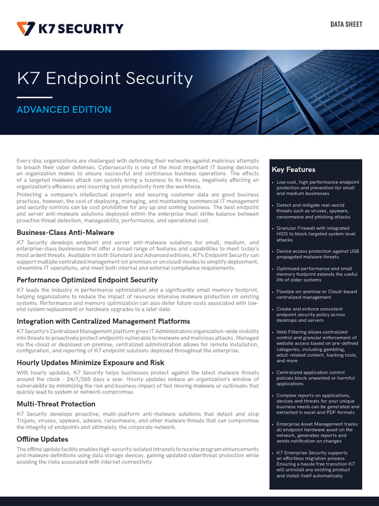 K7 EPS On Premise Advanced Datasheet | PDF | Malware | Security