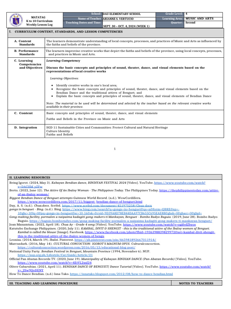 DLL Matatag - Music & Arts 4 Q2 W1 | PDF | Dances | Learning
