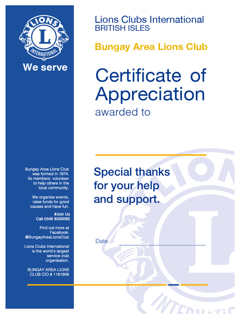 Bungay Area Lions Club Appreciation Certificate | PDF