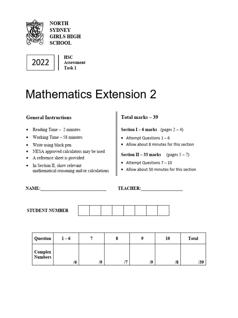 NSGHS HSC 2022 X2 T1 | PDF | Complex Number | Complex Analysis