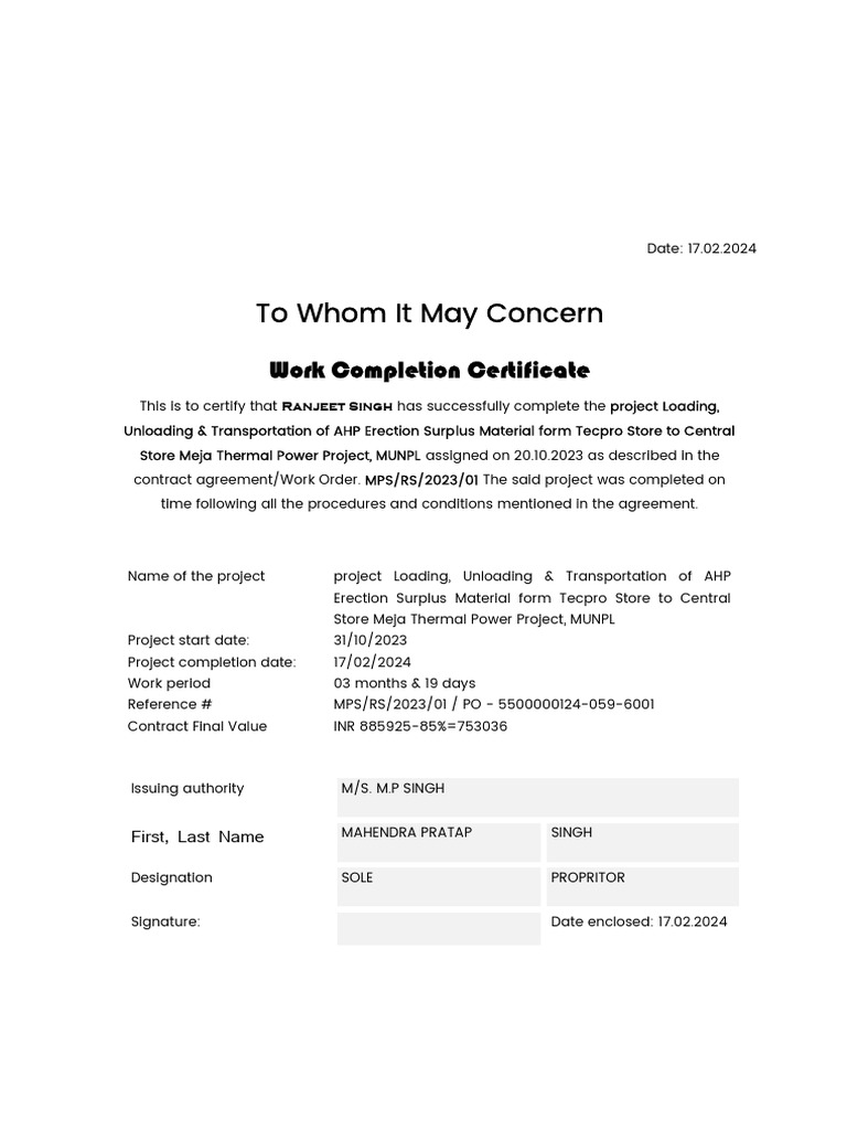 Work Completion Certificate for AHP Project | PDF
