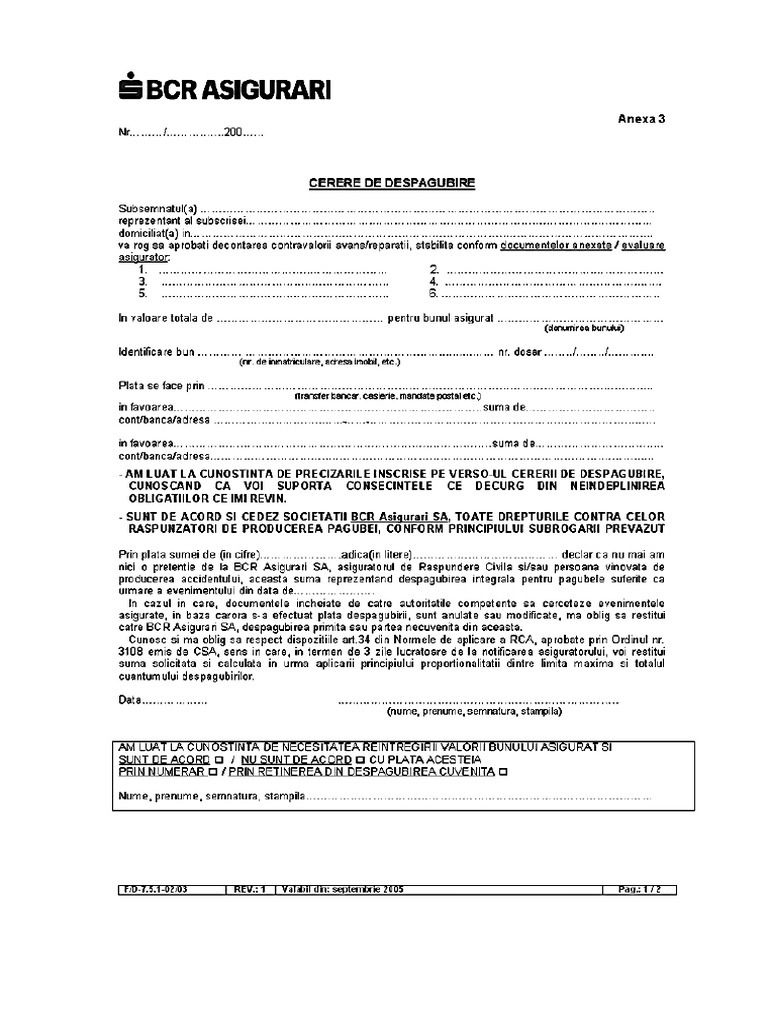 Cerere Despagubire BCR | PDF