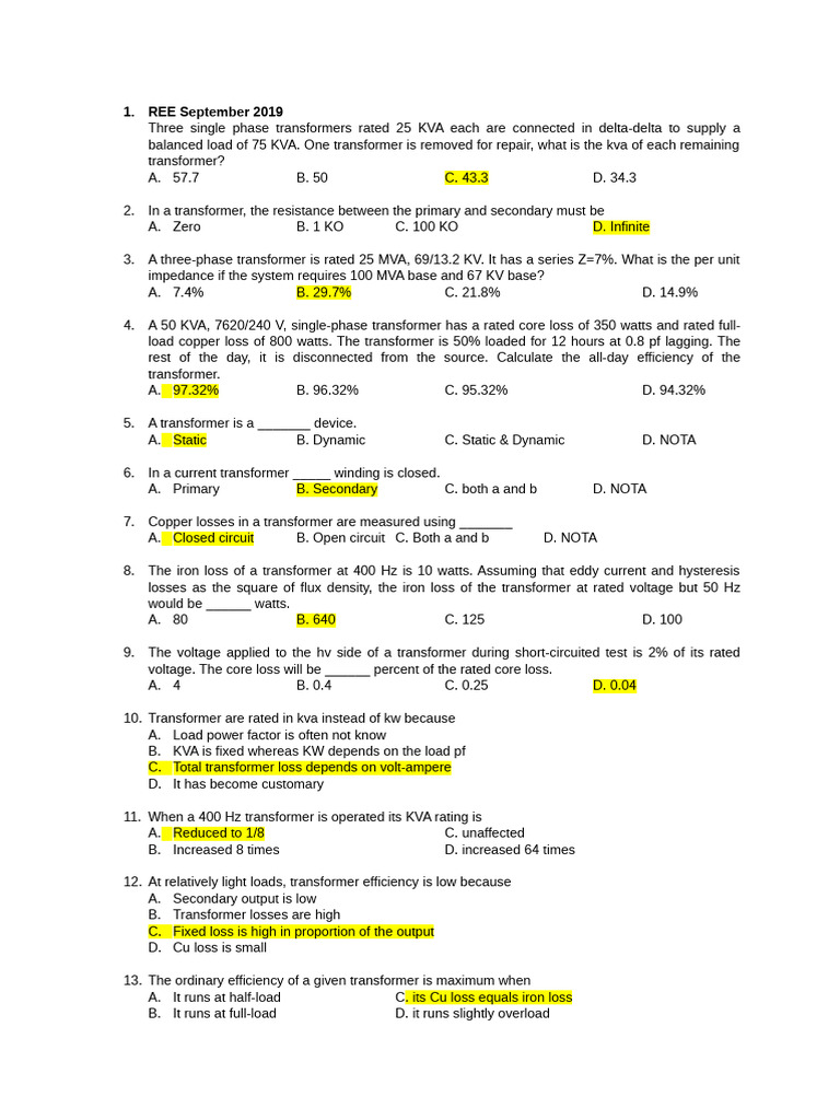Refresher Transformer-Altenator (w ans key) | PDF | Transformer ...