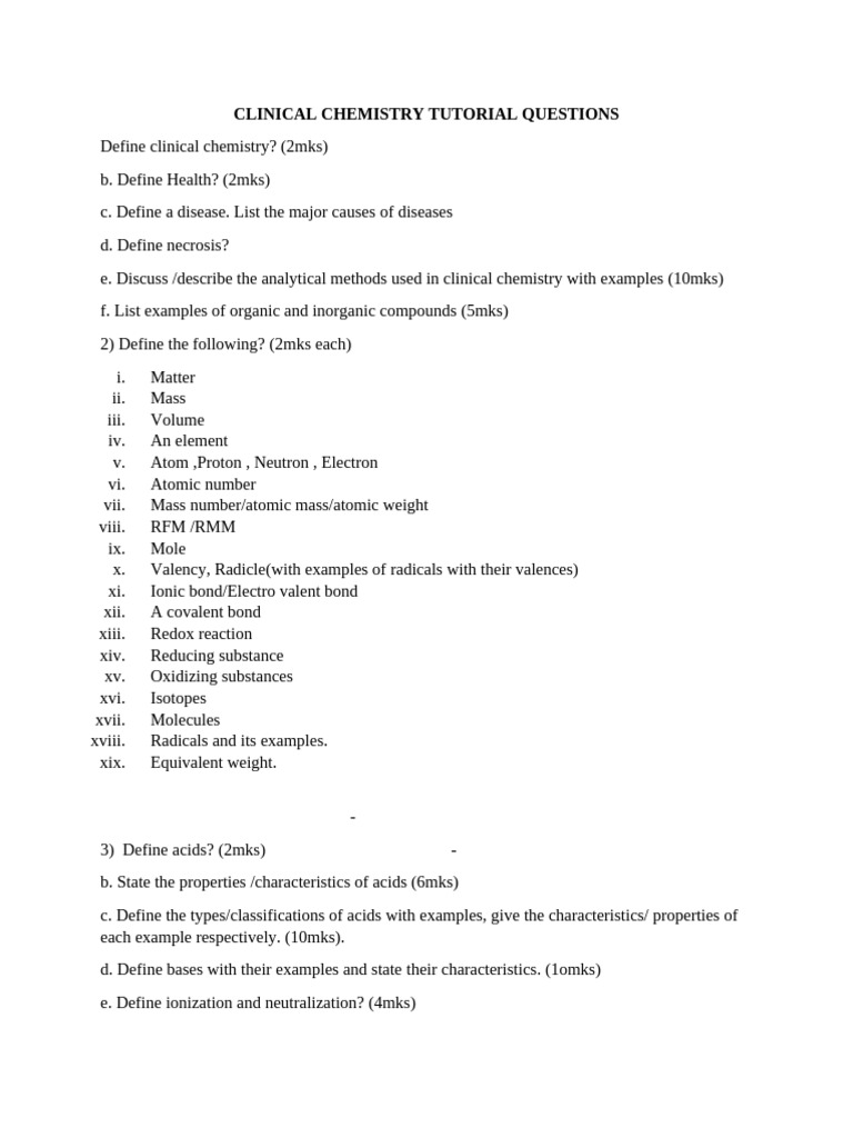 Clinical Chemistry Tutorial Questions | PDF | Chemical Bond | Chemistry