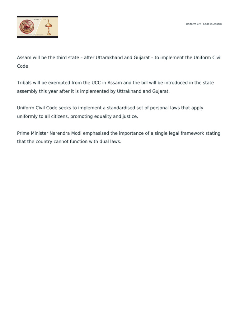 Uniform Civil Code Implementation in Assam | PDF