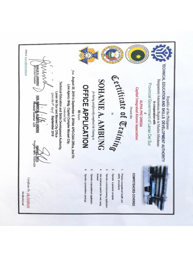 Training Certificates (Office Application, Computer System Servicing ...