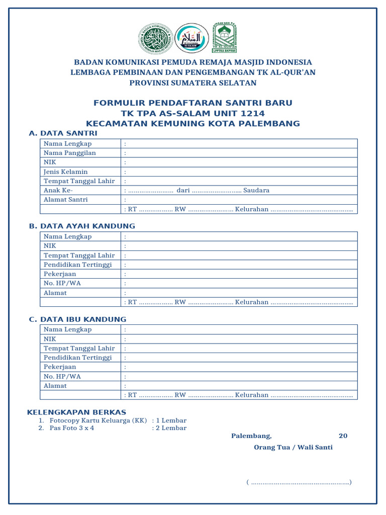Form Pendaftaran Santri Baru Tabel | PDF