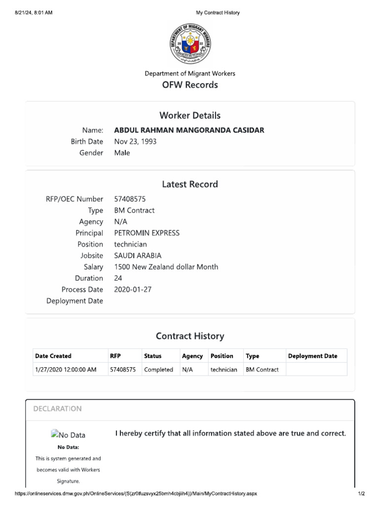 Ofw Record-Casidar, Abdul Rahman | PDF