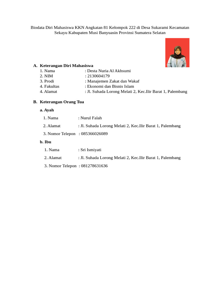 Biodata Diri KKN - Desta Nuria.A | PDF
