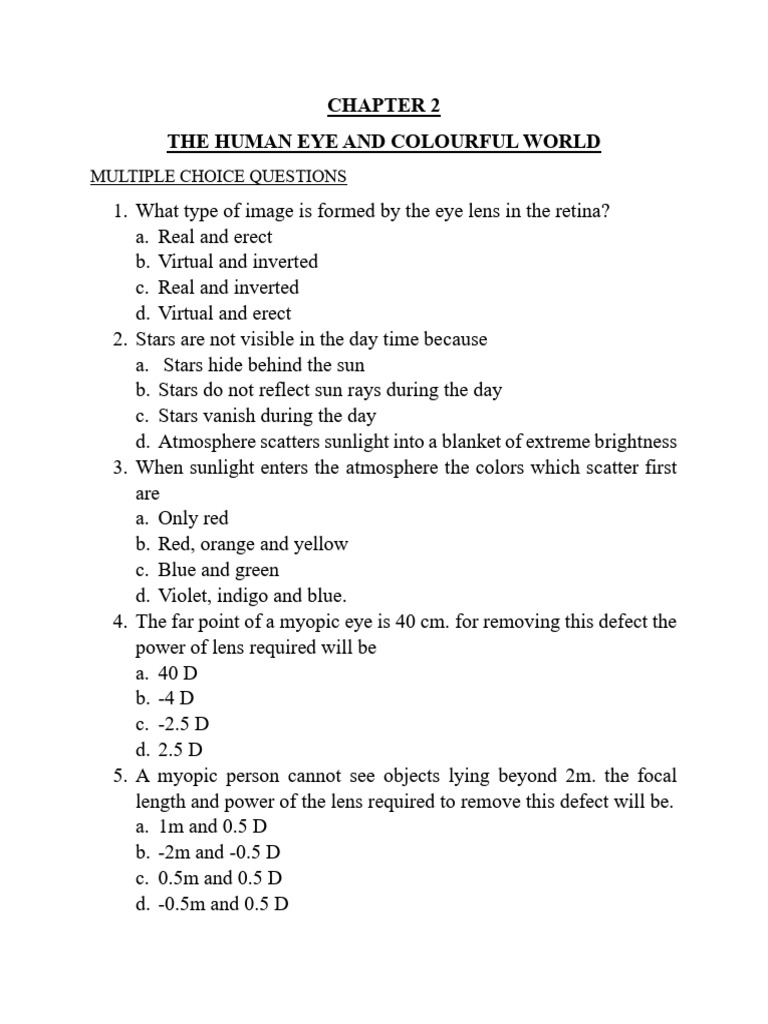 MCQ Chapter 2 Human Eye and World of Colors | PDF | Light | Dispersion (Optics)