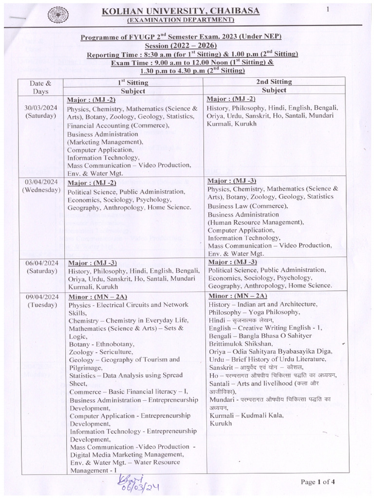 Exam Programme of FYUGP 2nd Sem Exam 2023 (Under NEP) Session (2022 2026) | PDF