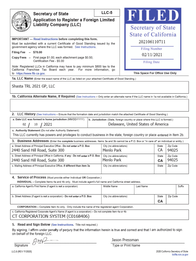 Secretary of State Application To Register A Foreign Limited Liability Company (LLC) | PDF ...