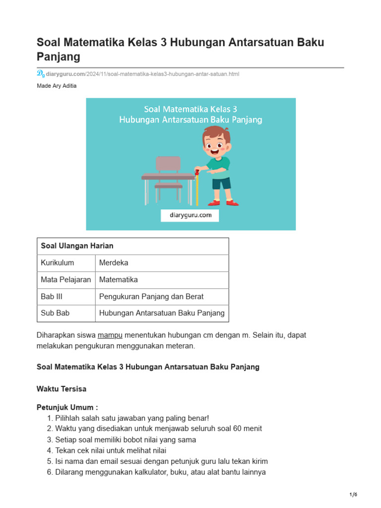 Soal Matematika Kelas 3 Hubungan Antarsatuan Baku Panjang | PDF | Griya & Taman