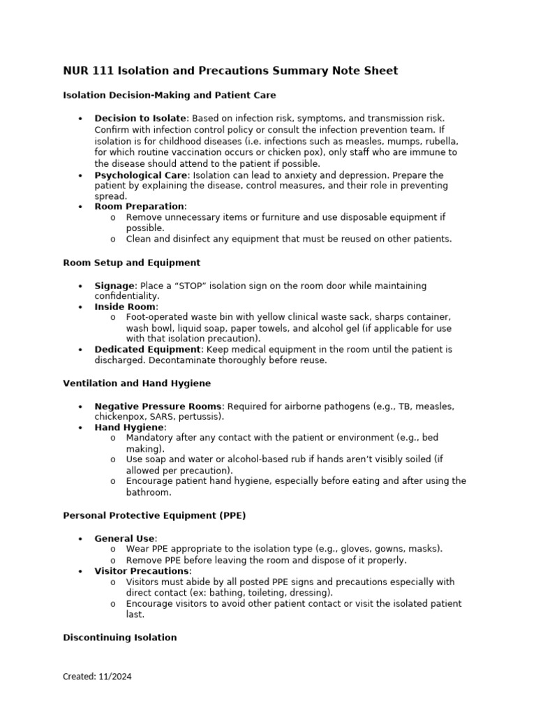 NUR 111 Isolation Notes Sheet | PDF | Health Sciences | Health Care