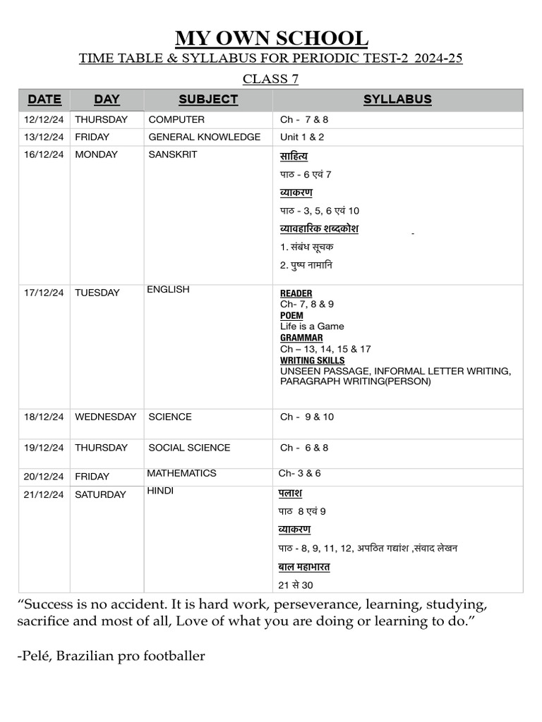 Class-7 Time Table & Syllabus For P.T.-2 (2024-25) | PDF | Languages Of India