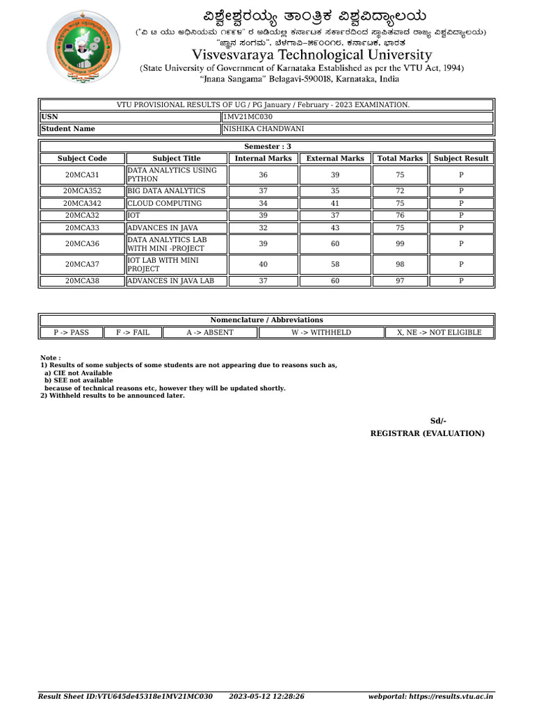 VTU Provisional Results Sheet | PDF