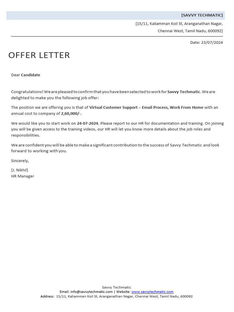 Savvy Techmatic - Offer Letter | PDF | Salary | Business