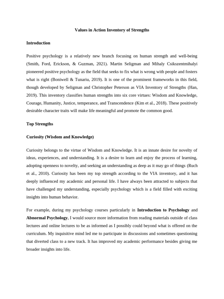 VIA Inventory of Strengths Analysis | PDF | Positive Psychology ...