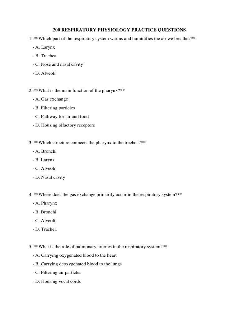 Respiratory Physiology Practice Questions | PDF | Respiratory System | Lung