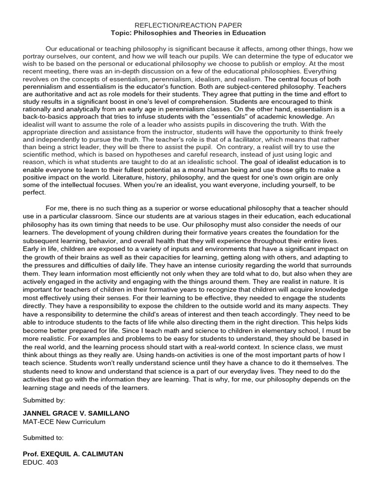 Reflection Reaction Paper Final Pdf Philosophy Of Education Learning
